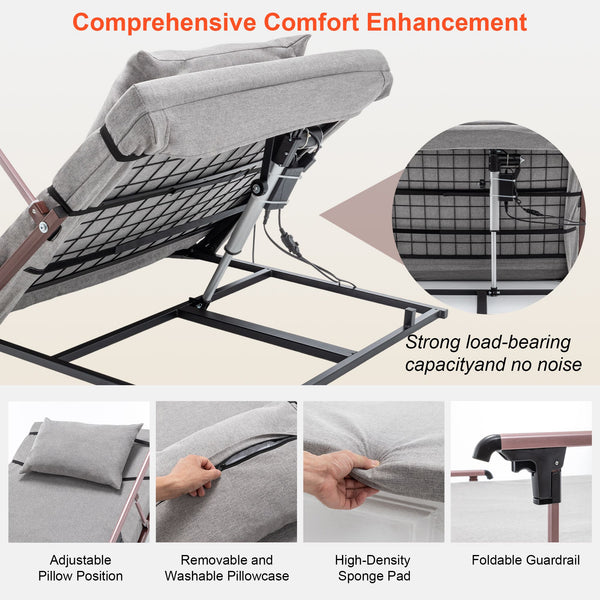 Electric Adjustable Bed Backrest with Collapsible Safety Rails & Remot ...